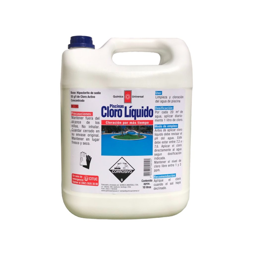 Cloro Líquido de 10 Litros para Piscinas, Cloración – Química Universal ...